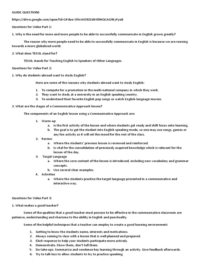 Guide Questions | PDF | English As A Second Or Foreign Language | Teachers