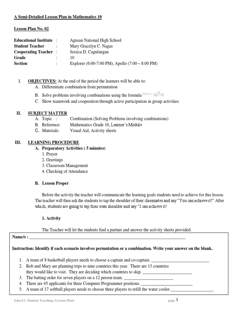 Grade 10 Combination Lesson Plan | PDF | Lesson Plan | Teachers