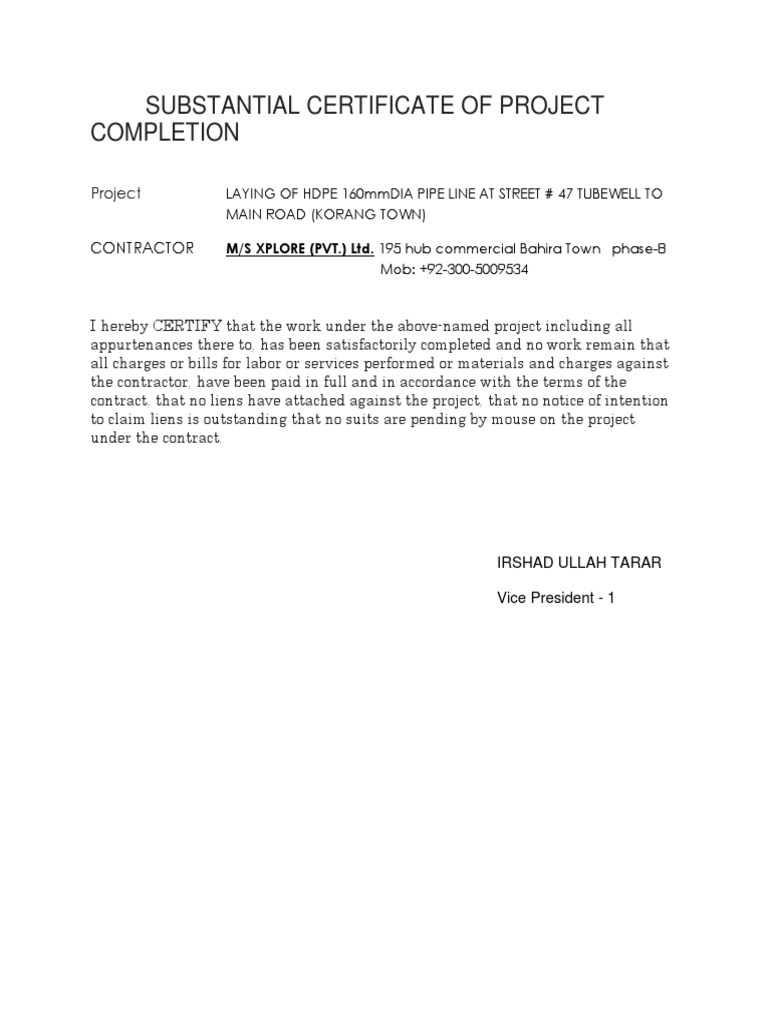 Substantial Certificate of Project Completion | PDF