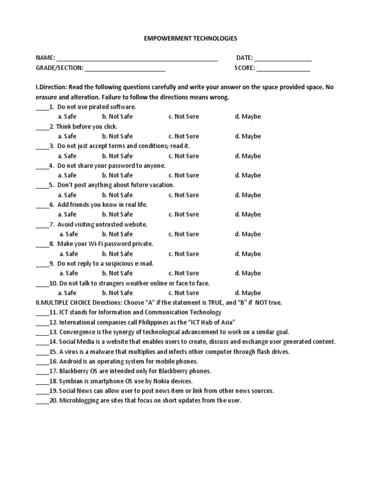 EMPOWERMENT TECHNOLOGIES-quiz | PDF | Educational Technology | Smartphone
