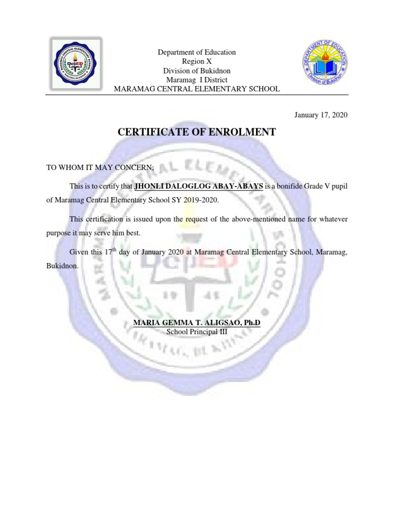 Certificate of Enrollment for Pupils | PDF