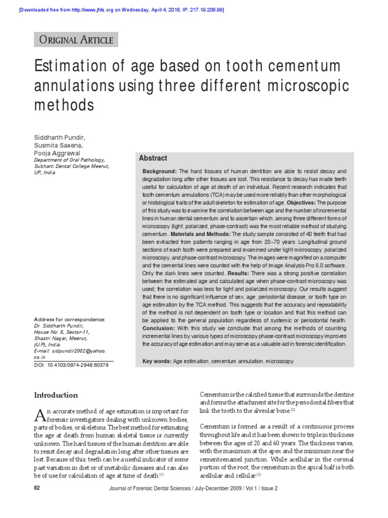 Age Estimation via Cementum Annulations | PDF | Human Tooth | Microscopy