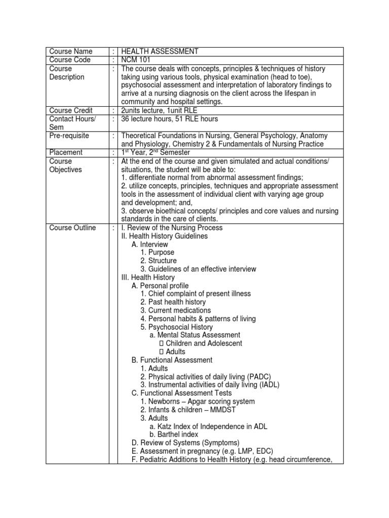 NCM 101 - Health Assessment Syllabus | PDF | Physical Examination ...