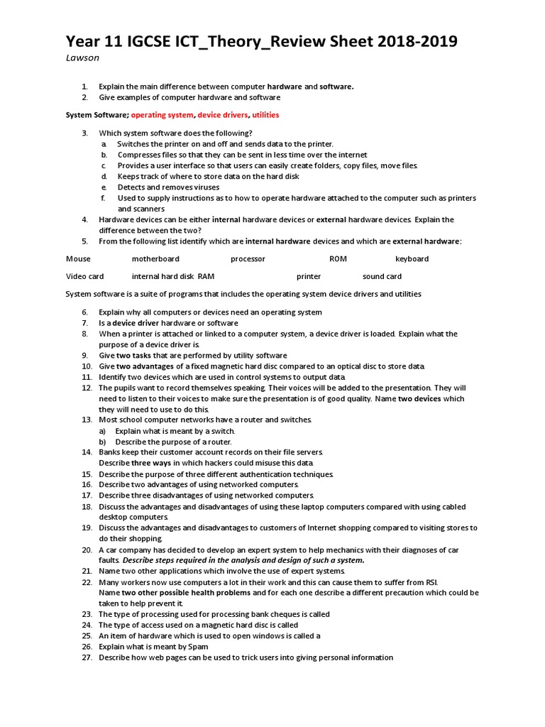 Theory Review Sheet 2018-2019 | PDF | Computer Hardware | Operating System