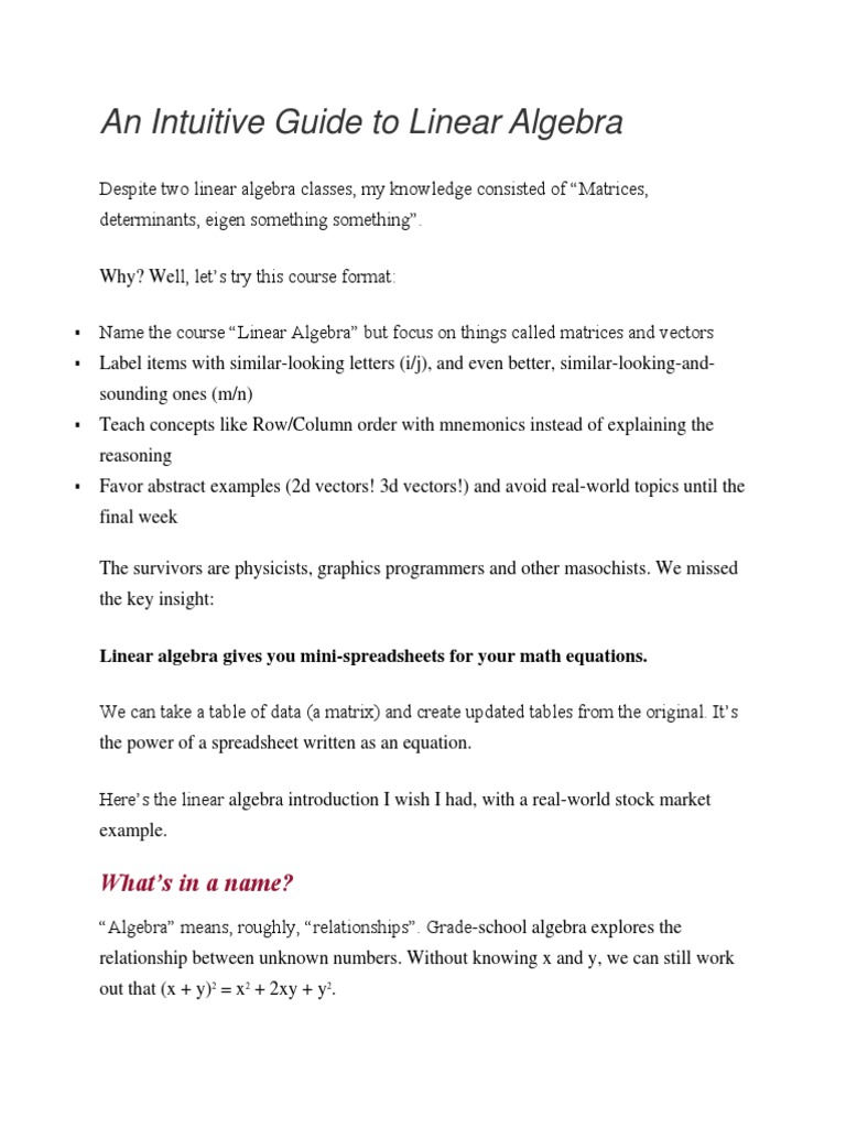 An Intuitive Guide To Linear Algebra | PDF | Matrix (Mathematics) | Eigenvalues And Eigenvectors