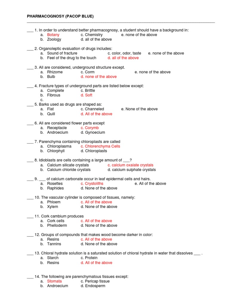 Pharmacognosy Answer Key BLUE PACOP | PDF | Resin | Alkaloid