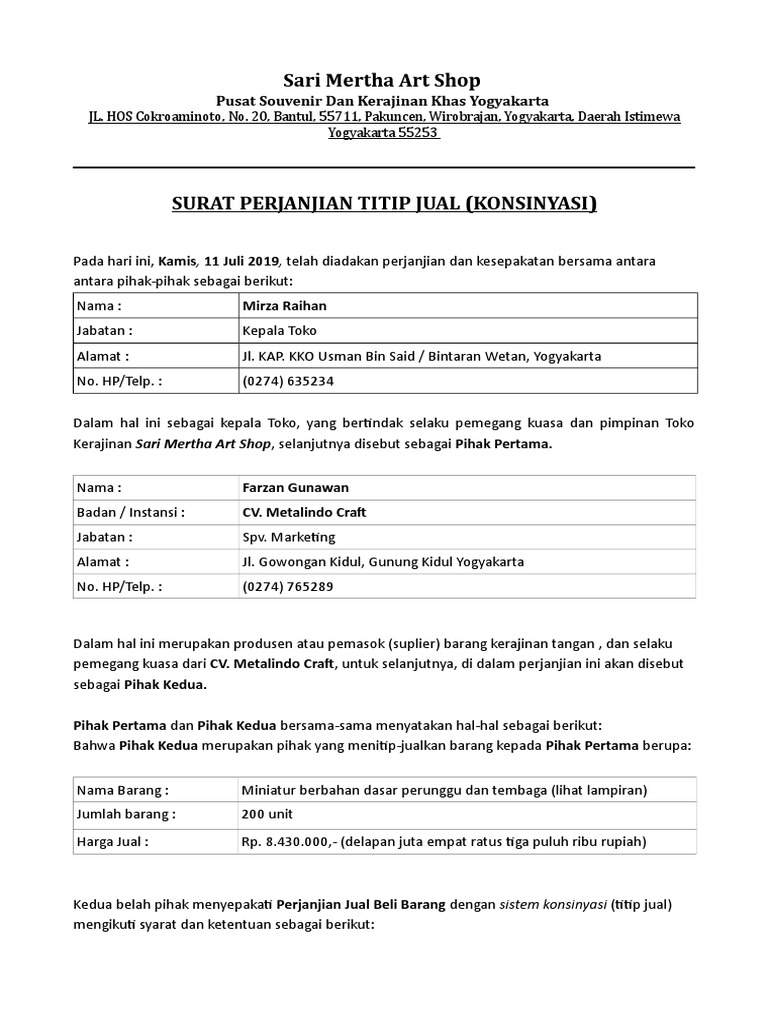 Surat Perjanjian Konsinyasi Titip Jual Barang Kerajinan A4 | PDF