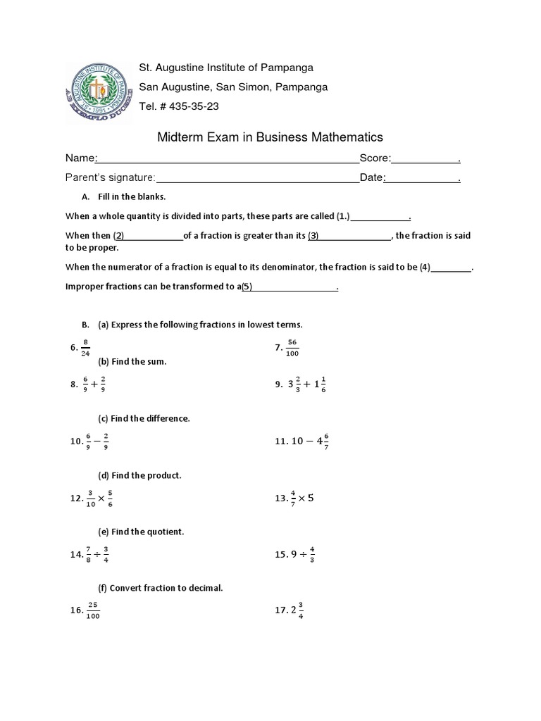 Midterm Exam in Business Mathematics | PDF | Fraction (Mathematics ...