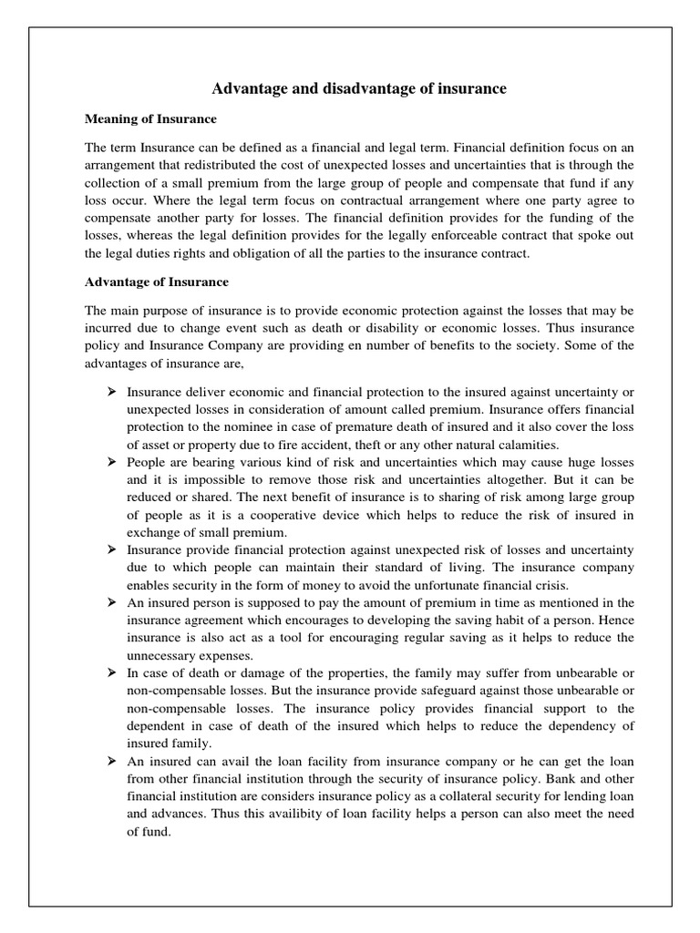 Advantage and Disadvantage of Insurance | PDF | Insurance | Risk