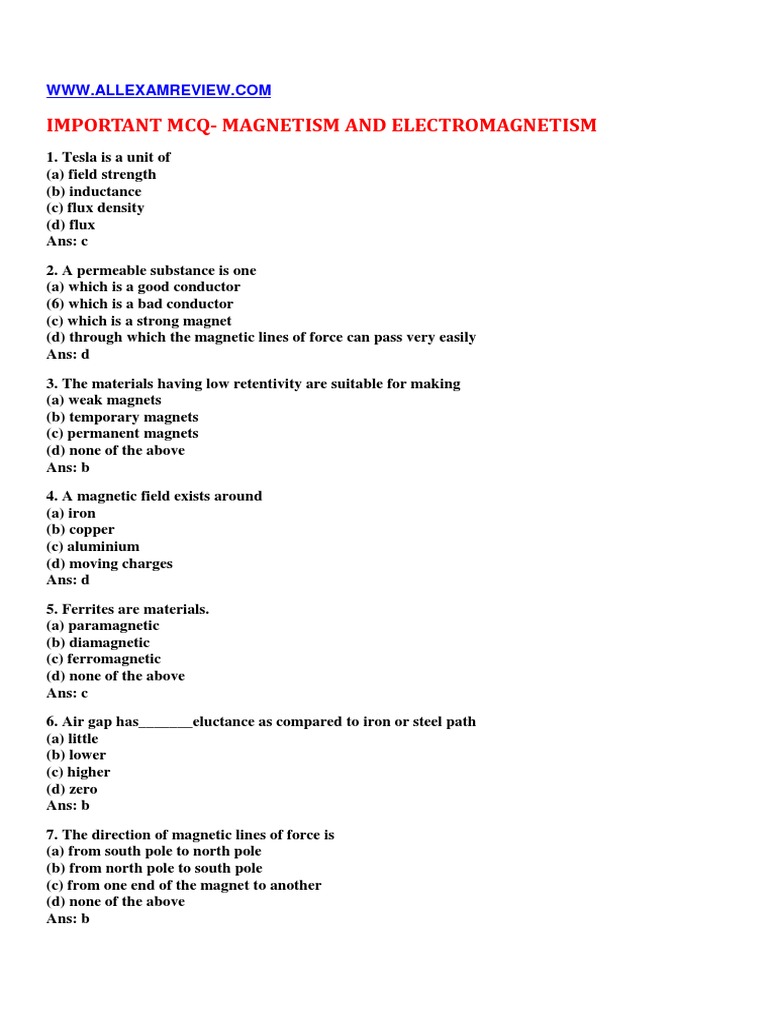 Important MCQ - Magnetism and Electromagnetism | PDF | Magnetic Field | Magnetism