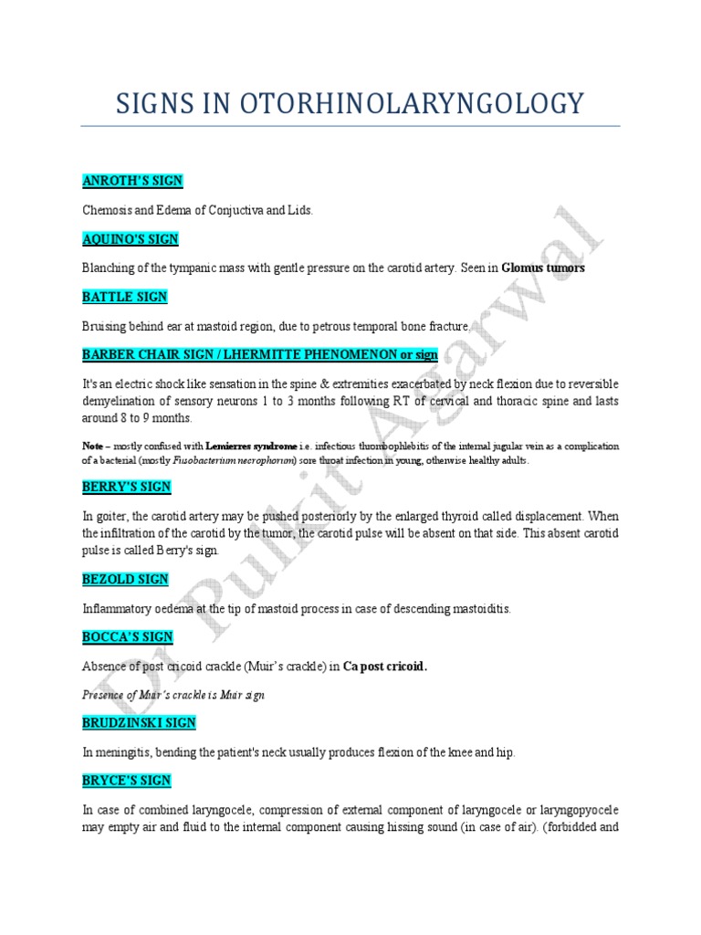 Signs in Ent | PDF | Common Carotid Artery | Human Nose