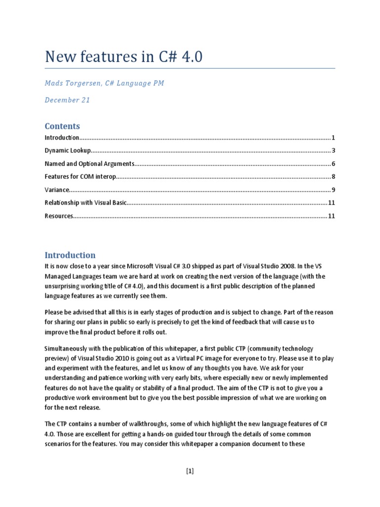 New Features In Csharp 40 Pdf Parameter Computer Programming