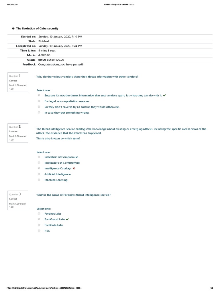 NSE2 - Lesson 4 - Threat Intelligence Services Quiz | PDF | Computer Security | Security