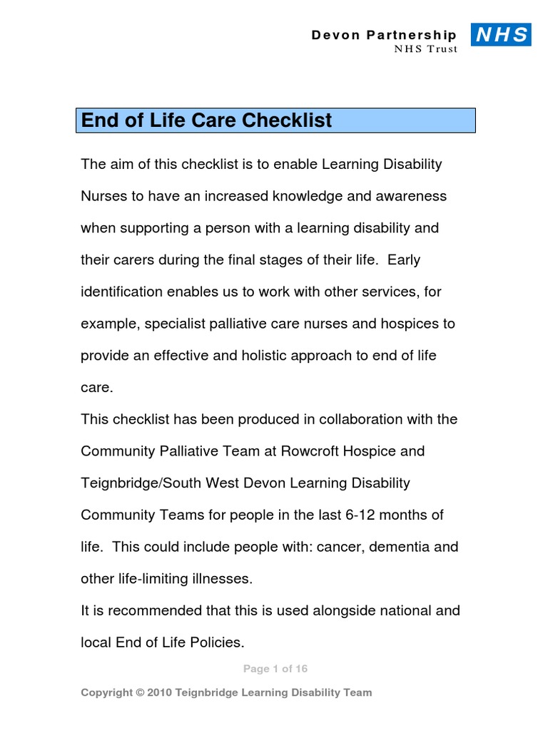 End of Life Care Checklist PDF | PDF | Palliative Care | End Of Life Care