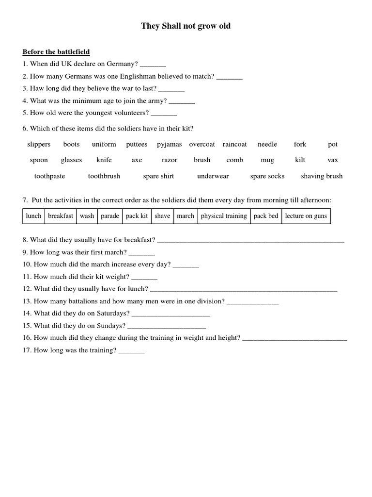They Shall Not Grow Old: Worksheet | PDF | Trench Warfare | Conflicts