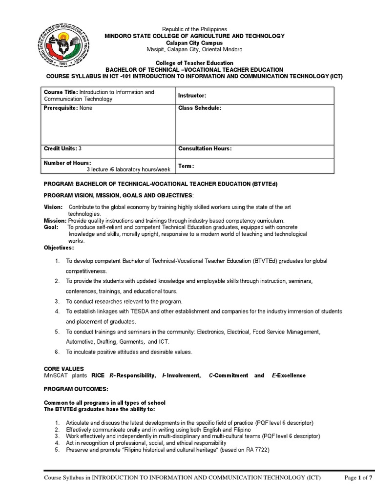 ICT 101 Course Syllabus Overview | PDF | Vocational Education ...