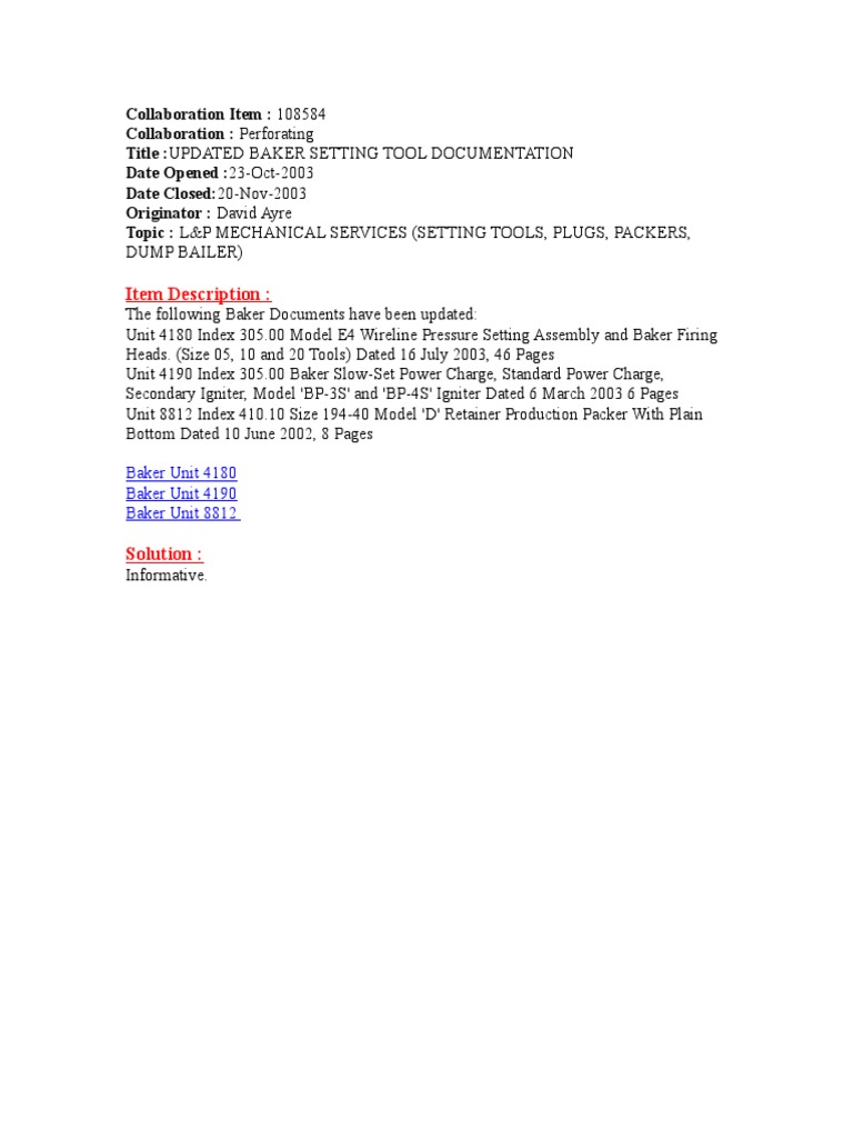 Baker Setting Tool Docs 2003 | PDF