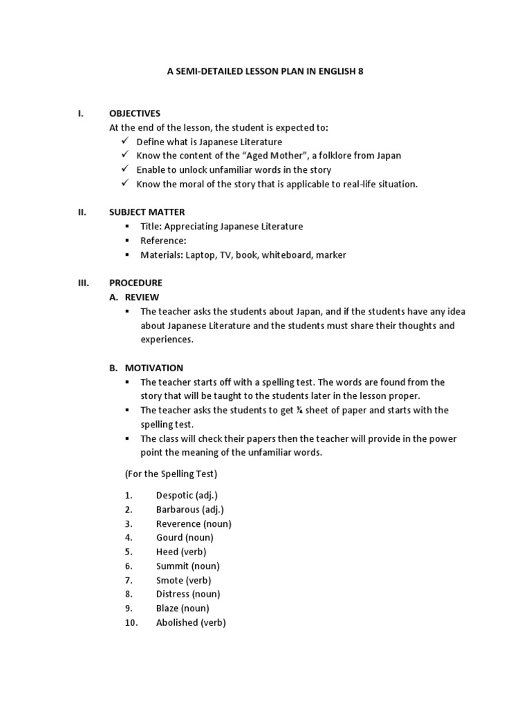 Japanese Literature Lesson Plan | PDF | Lesson Plan | Cognition