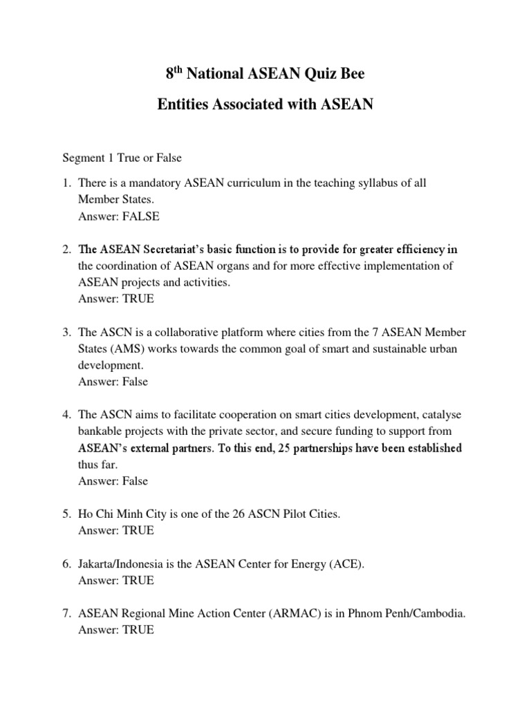 8th National ASEAN Quiz Bee | PDF | Association Of Southeast Asian ...