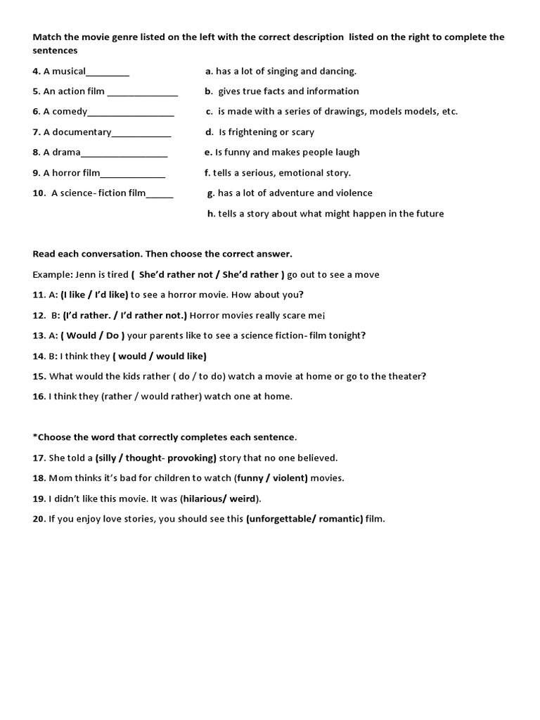 Match The Movie Genre Listed On The Left With The Correct Description ...