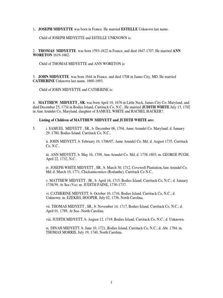 Children of Matthew Midyett (1676-1734) | PDF | North Carolina | Violence