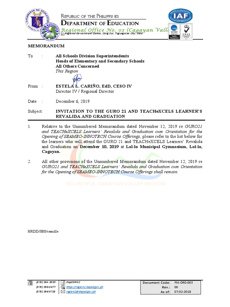 MEMO List of Learners To Attend The Revalida PDF | PDF
