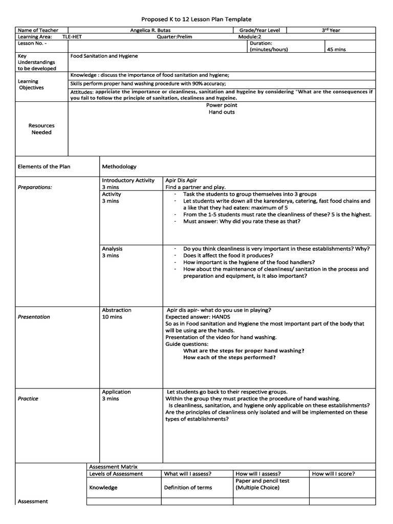 Sanitation Lesson Plan | PDF | Hygiene | Lesson Plan