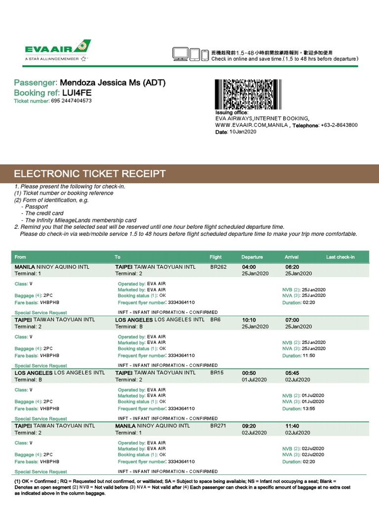 EVA Air Electronic Ticket-EMD Receipt For MENDOZA JESSICA LUI4FE PDF ...