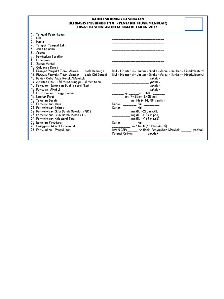 Kartu Skrining Posbindu PTM Pemkot | PDF