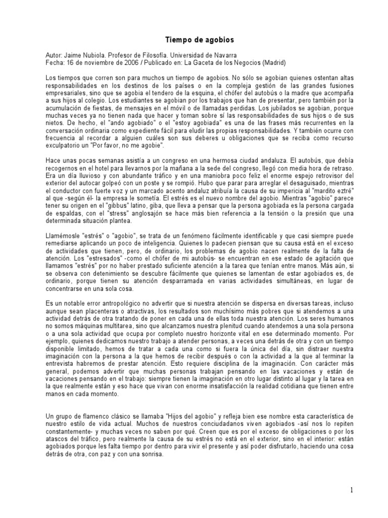 Tiempo de Agobios - Jaime Nubiola | PDF | Estrés (biología)