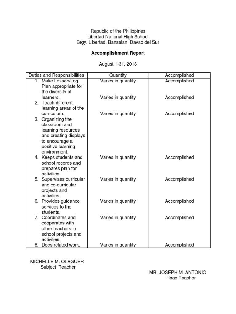Accomplishment Report - LSB | PDF