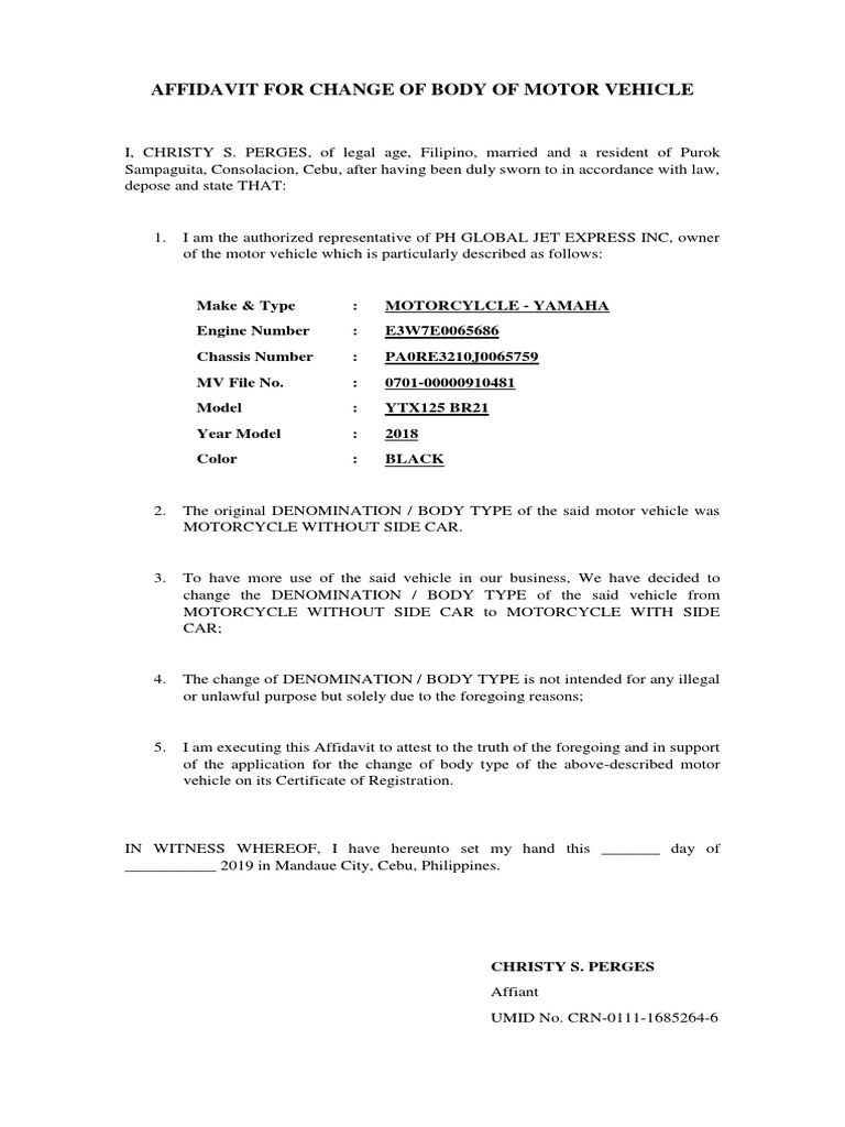 Affidavit For Change of Body of Motor Vehicle | PDF | Affidavit | Vehicles