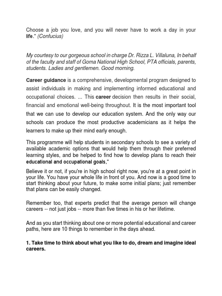 Welcome Speech For Career Guidance | PDF | University And College ...