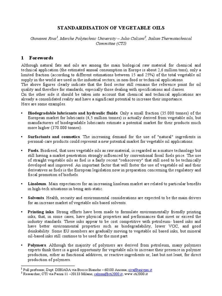 Vegetable Oils: Industrial Standards | PDF | Vegetable Oil | Fatty Acid