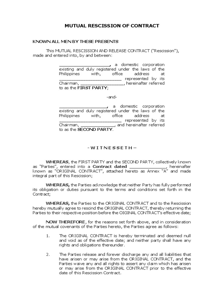 Mutual Rescission Agreement Template | PDF | Justice | Crime & Violence