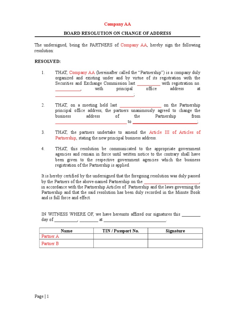 Board Reso - Change Address - Format | PDF | Constitutional Law ...