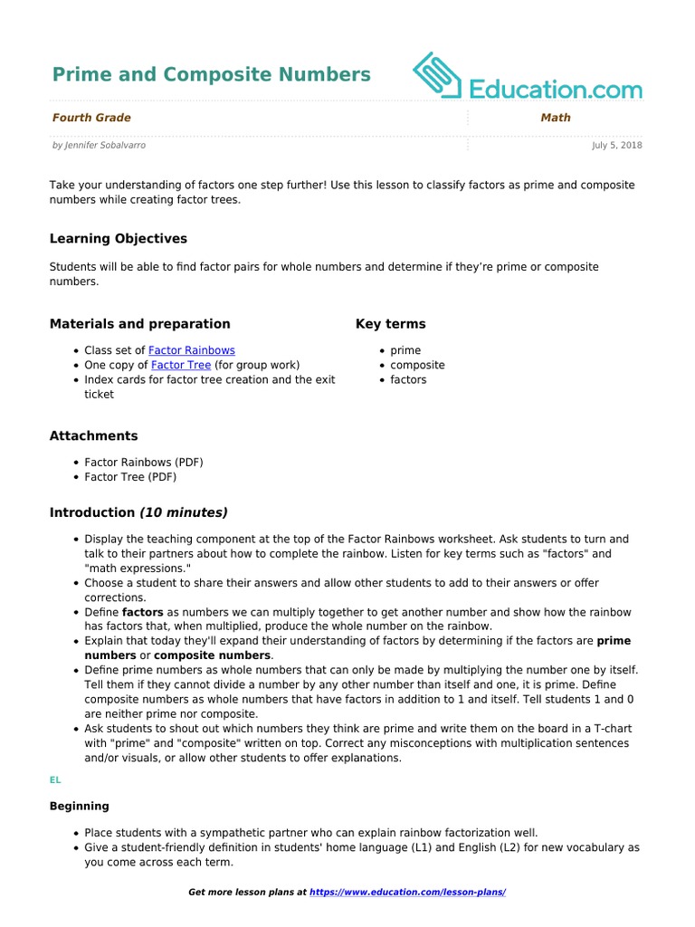 Prime and Composite Numbers PDF | PDF | Lesson Plan | Factorization