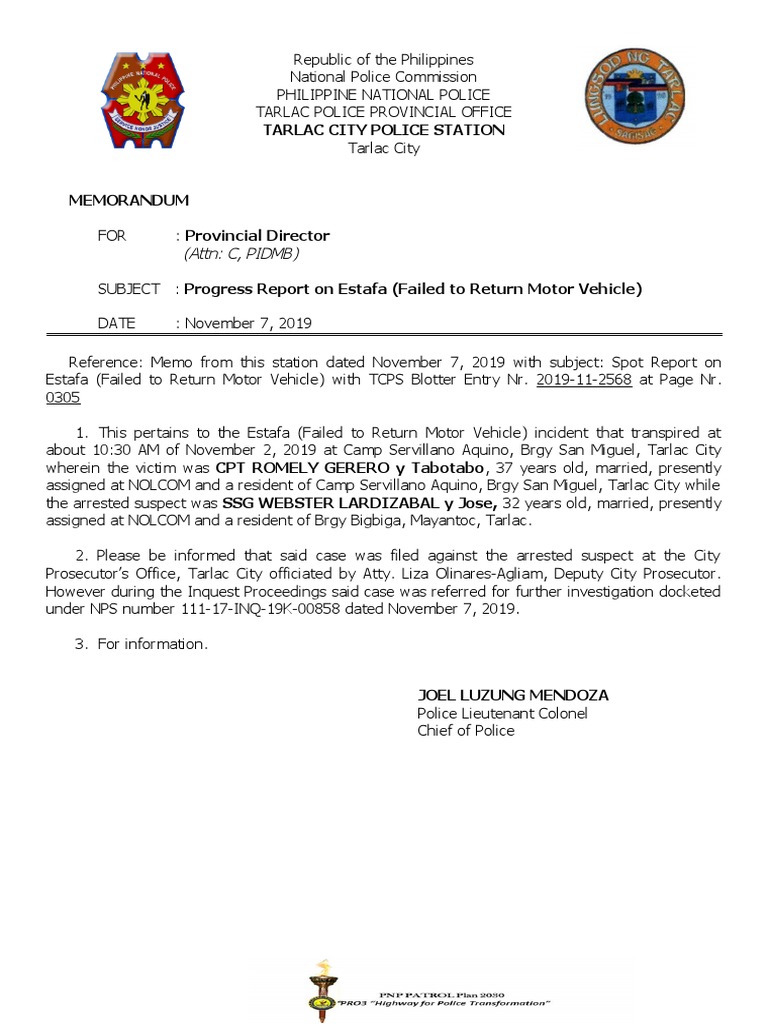 Progress Report On Estafa (Failed To Return Motor Vehicle) | PDF ...