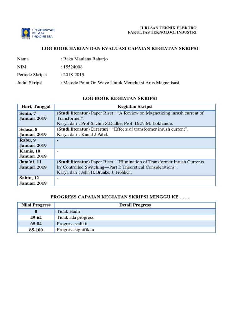 Contoh Log Book Dan Evaluasi Skripsi Mingguan UII 2019 | PDF