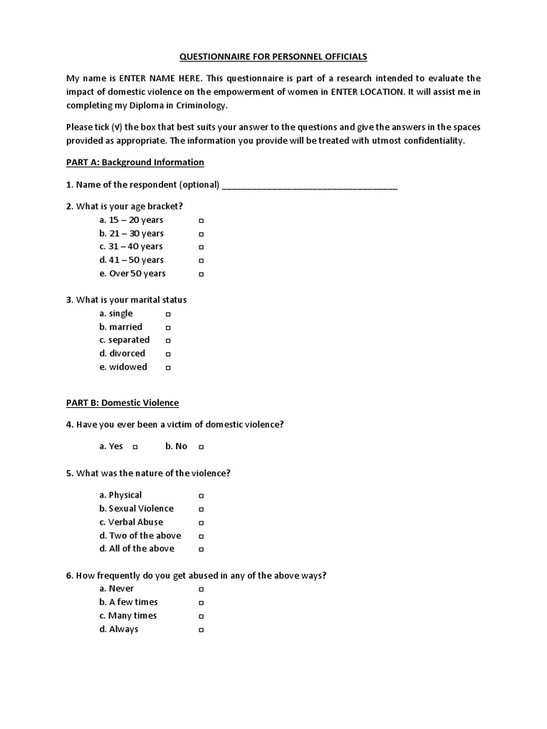 Women Empowerment Questionnaire | PDF | Domestic Violence | Violence