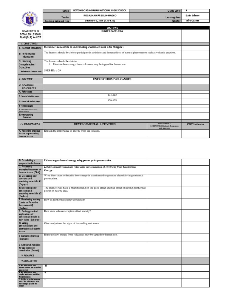 COT Lesson Plan | PDF | Volcano | Learning