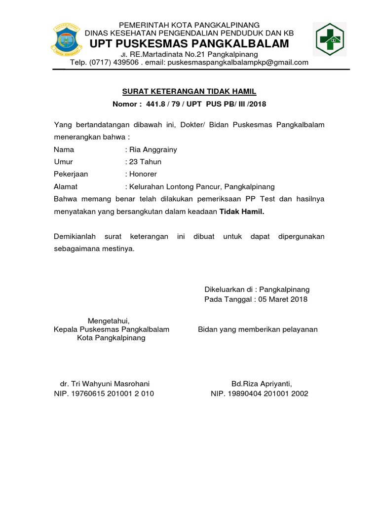 Surat Keterangan Tidak Hamil Puskesmas | PDF