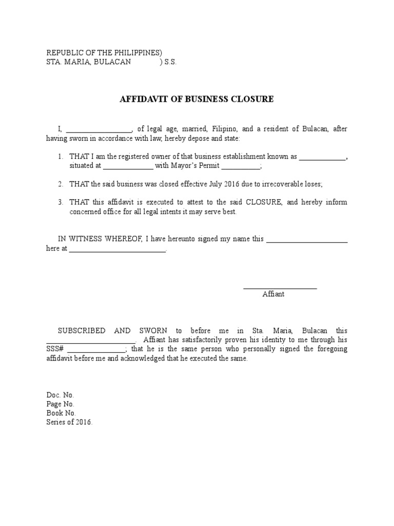 Affidavit of Business Closure