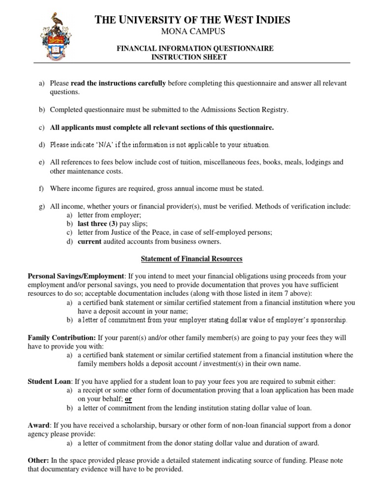 UWI Financial Support Questionnaire | PDF | Student Loan | Loans