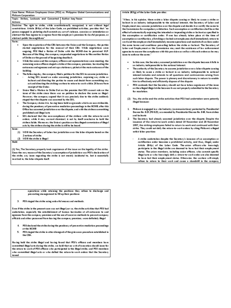 Philcom Employees Union vs. Phil Global Communications | PDF | Strike ...