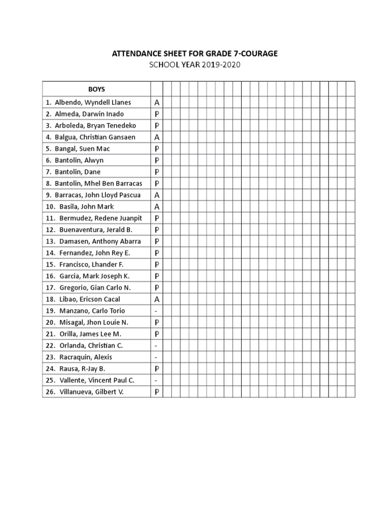 ATTENDANCE SHEET FOR GRADE 7