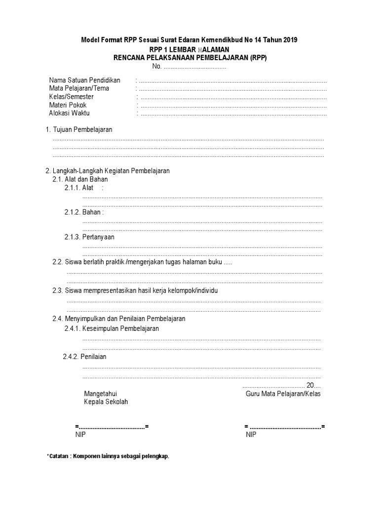 RPP 1 Lembar HalamanTahun 2020 Lengkap Format Mendikbud No 14 Tahun ...
