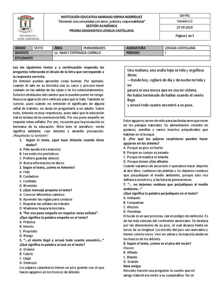 Prueba Diagnóstica de Lengua para Sexto Grado | PDF | Montañas | Aves