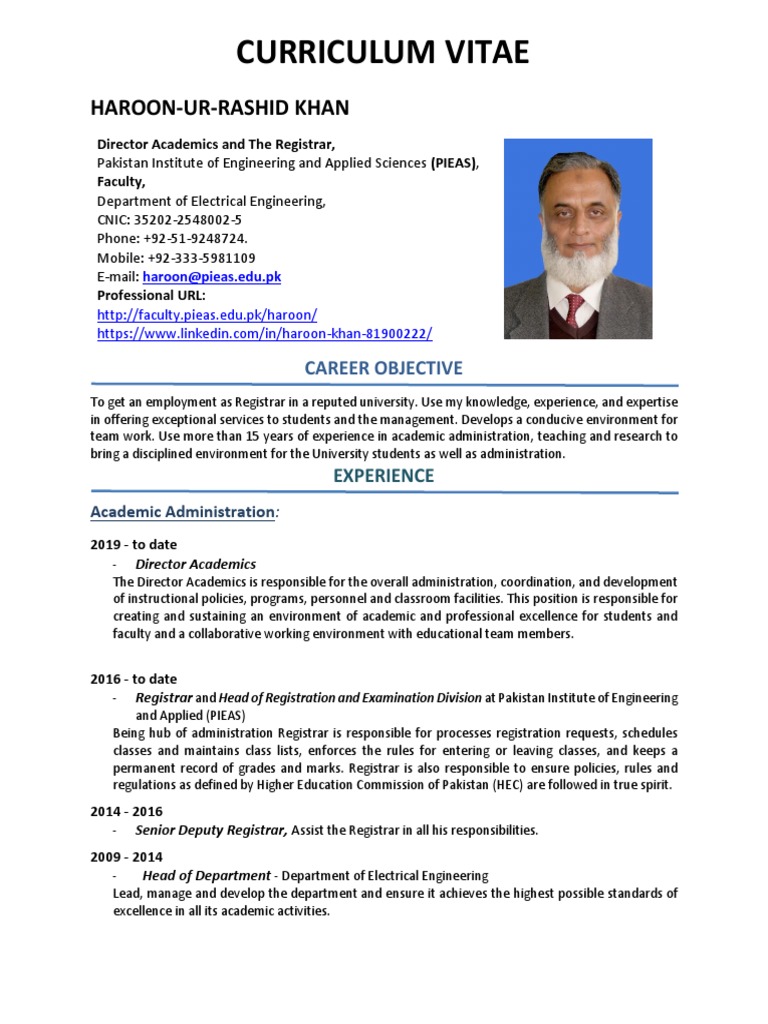 Haroon Ur Rashid - CV With Photo - Registrar PIEAS 01122019 PDF | PDF | Programmable Logic ...