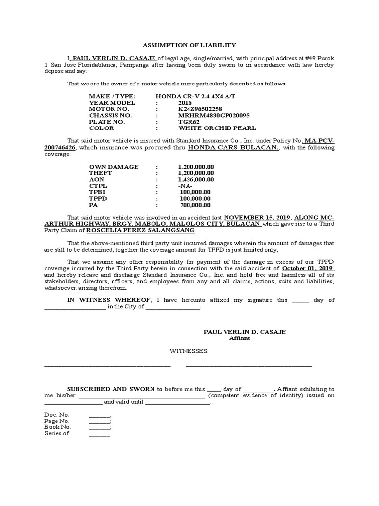ASSUMPTION OF LIABILITY Casaje | PDF | Insurance | Motor Vehicle
